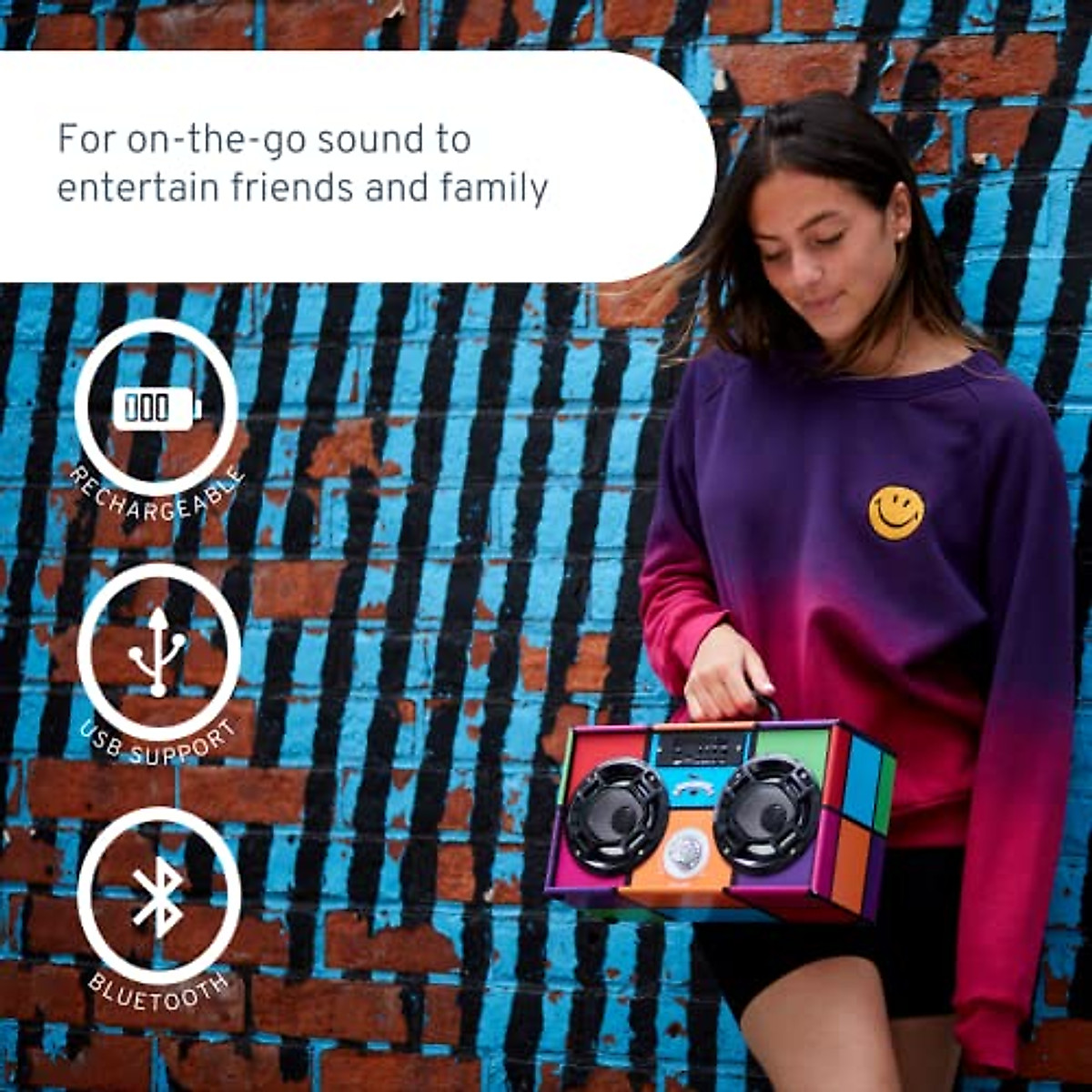 Wireless Express - Mini Boombox with LED Speakers – Retro Bluetooth Speaker w/Enhanced FM Radio - Perfect for Home and Outdoor (Retro)