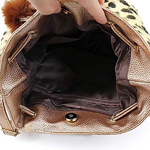Van Caro Women’s Faux Fur Drawstring Bucket Bag Shoulder Crossbody Bag, Leopard Brown