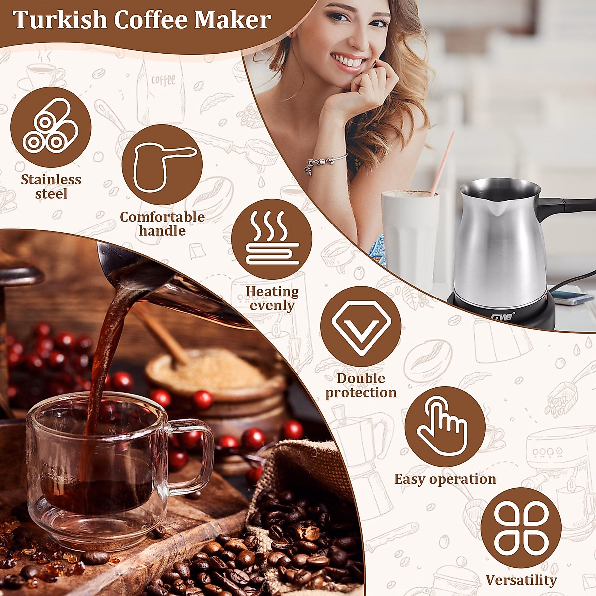 LYIYEYAN Turkish Coffee Maker, 600ml Stainless Steel 110V Turkish Coffee Machine, 5 to 6 Cups Capacity Turkish Coffee Pot, Electric Coffee Maker, Warmer Kettle with Ergonomic Handle for Home Travel