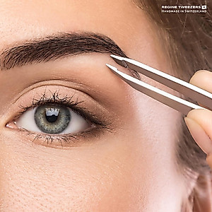 Regine Switzerland Professional Tweezers Slant Tip - Etched Tip Brow and Eyebrow Tool for Men and Women - Precision Tweezers for Fine Hair, Chin, Lash Extensions - Stainless Steel Handmade Beauty Tool