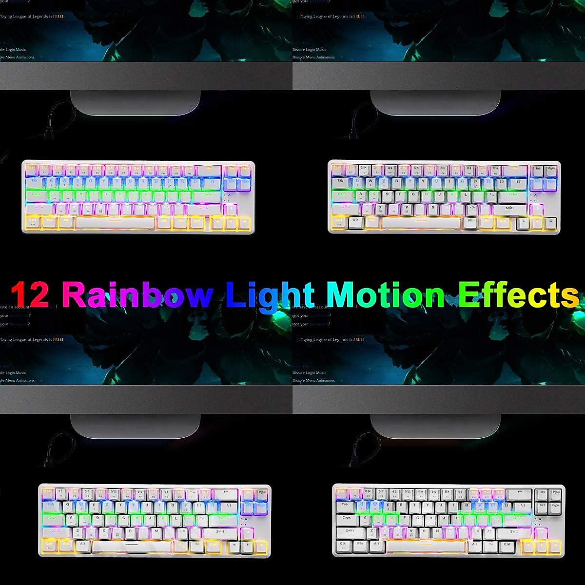 Wireless Mechanical Gaming Keyboard,60% Ultra-Compact Blue Backlit Rechargeable Bluetooth Dual Wired/Wireless Blue Switches Computer Keyboard for Multi-Device Phone Android Mobile(White Rainbow)