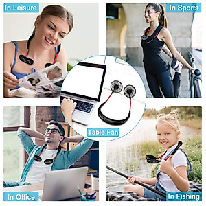 Hand Free USB Personal Fan Rechargeable Mini LED Neck Fan Headphone Design Sports Fan Heads Rotatable Neckband Fan, 2000mAh, 3 speeds, Quiet, Portable for Office Reading Travel Camping (Black)