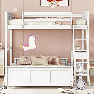 Harper & Bright Designs Twin Over Full Bunk Beds with Desk and Drawers, Wood Twin Size Loft Bed with Removable Full Platform Bed Frame, Bunk Bed with Ladder for Kids Girls Boys, White