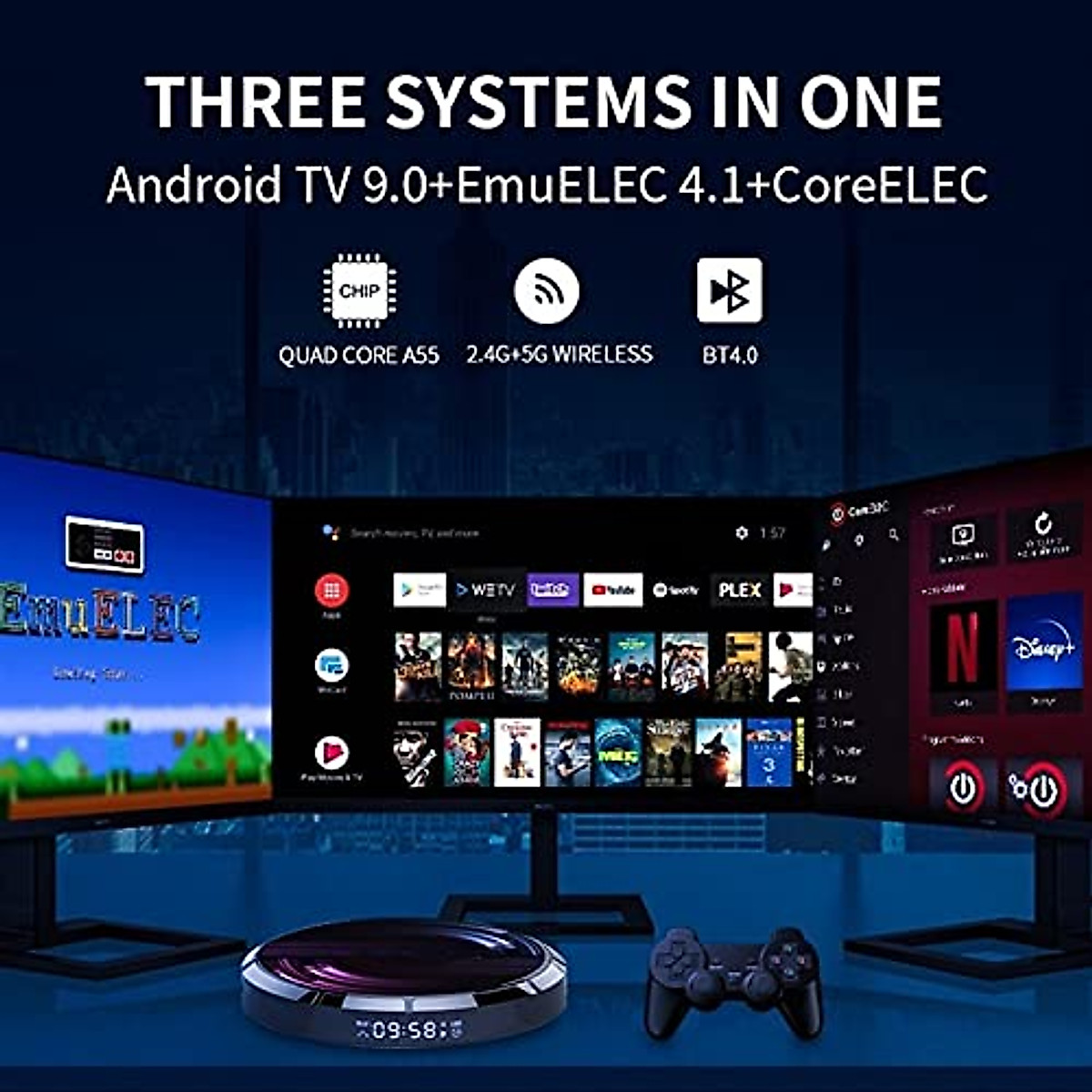 LXYFMS Retro Video Game Console, Super Console Built-in 3（EmuELEC/Android/CoreELEC）-in-1 System,4K UHD Output,Support PS1/PSP/NES/SEGA Saturn, Gifts for Men Who Have Everything