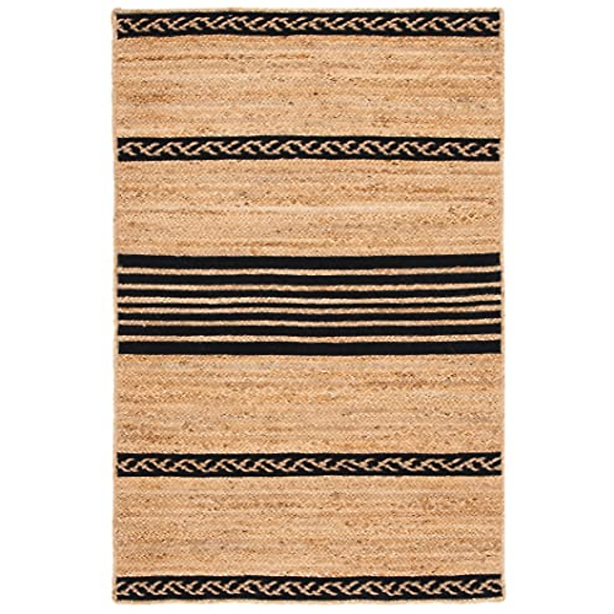 SAFAVIEH Natural Fiber Collection Accent Rug - 4' x 6', Natural & Black, Handmade Stripe Boho Farmhouse Rustic Braided Jute, Ideal for High Traffic Areas in Entryway, Living Room, Bedroom (NFB262Z)