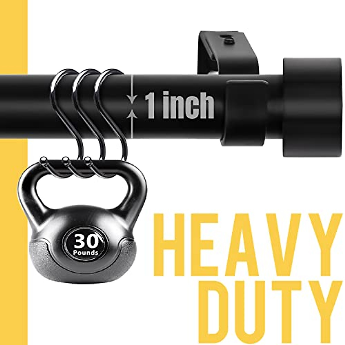 Zeerobee Curtain Rods for Windows 66 to 120, 1 Inch Black Curtain Rod Set, Heavy Duty Drapery Rods with Adjustable Curtain Rods, Outdoor Modern Curtain Rod with Simple End Caps, 32"-144", Black