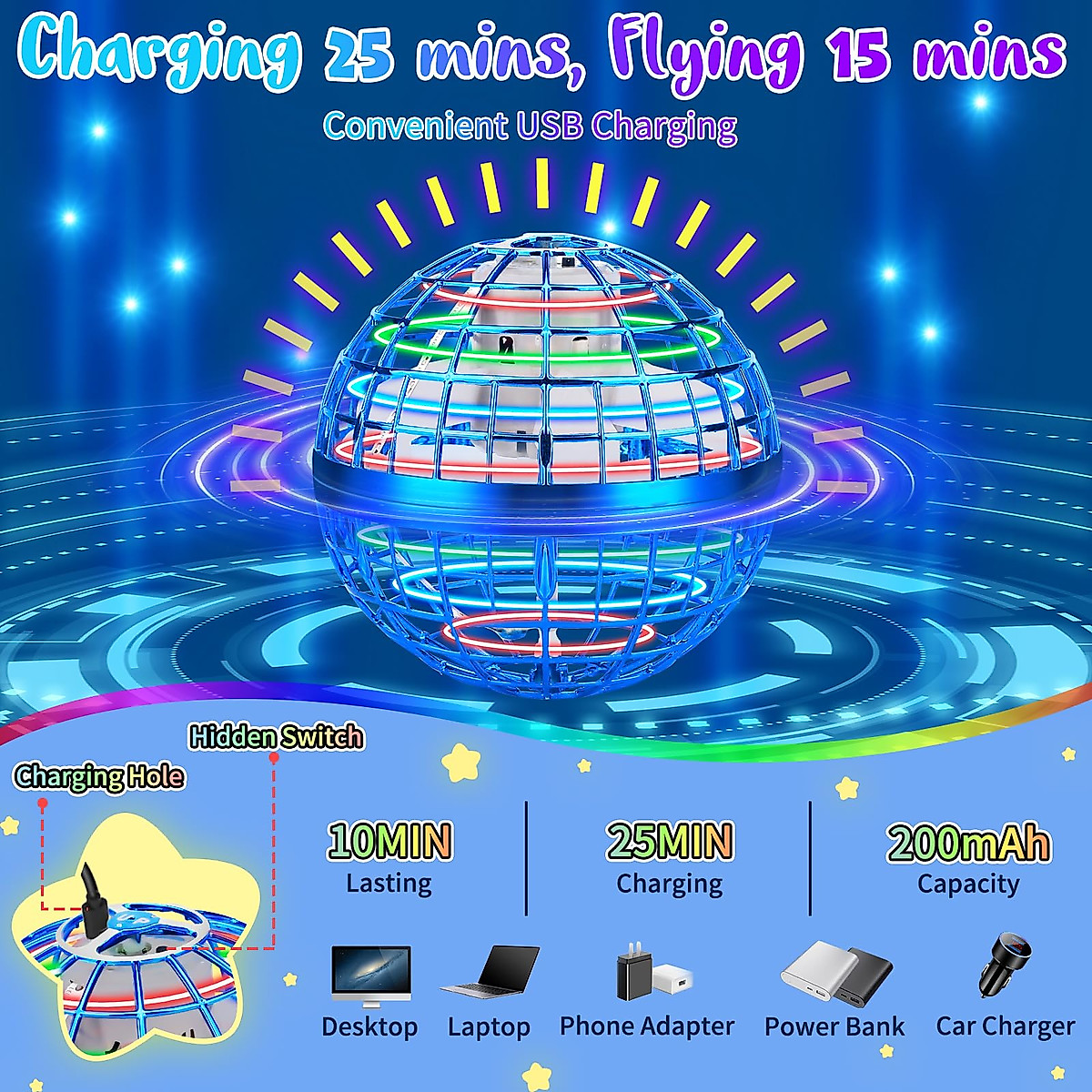 2 Pack Flying Orb Ball Toy Flying Space Orb Magic Flying Ball Toy, 360° Rotating Hover Ball Cool Toy, Flying Spinner Toys Space Boomerang Ball with LED Lights for Kids Adult Christmas Birthday Gift