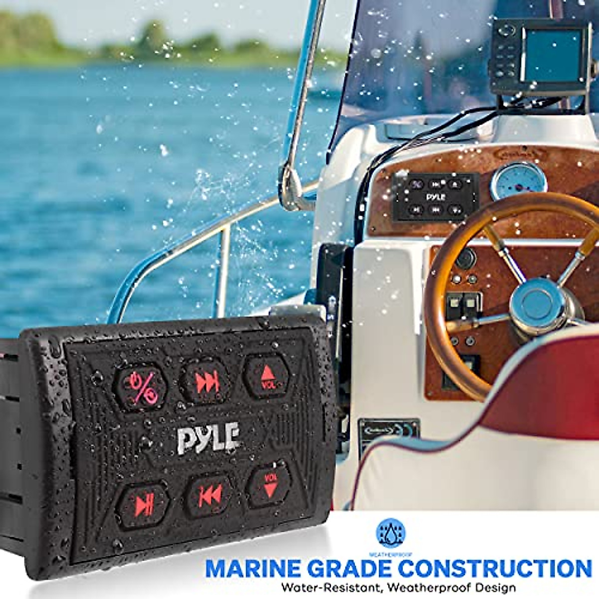 Pyle Car Wireless Bluetooth Audio Controller - Bluetooth Media Button IPX6 Waterproof Rated Marine Receiver Remote Control w/USB, AUX - for Car Truck Boat Marine PowerSport Vehicles - Pyle PLMRBTSQ1
