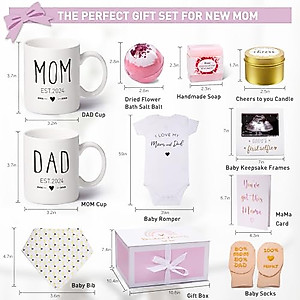 ShinnyWis 2024 New Mom Gifts for Women- Announcements Pregnancy Gifts for First Time Moms, Gender Reveal Gifts for New Parents Mom and Dad Mugs-11oz Coffee Mug Set