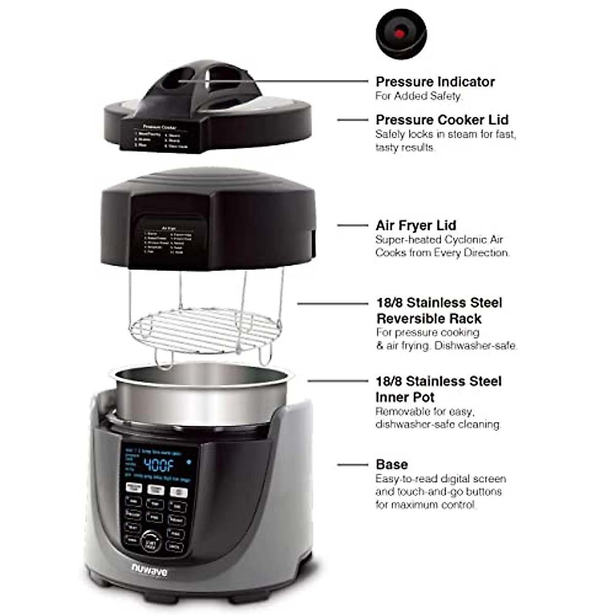 Nuwave Duet Pressure Cook and Air Fryer Combo Cook; Stainless Steel Pot & Rack; Non-Stick Air Fryer Basket; Steam, Sear, Saute, Slow Cook, Roast, Grill, Bake, Dehydrate, Pressure Cook & Air Fry