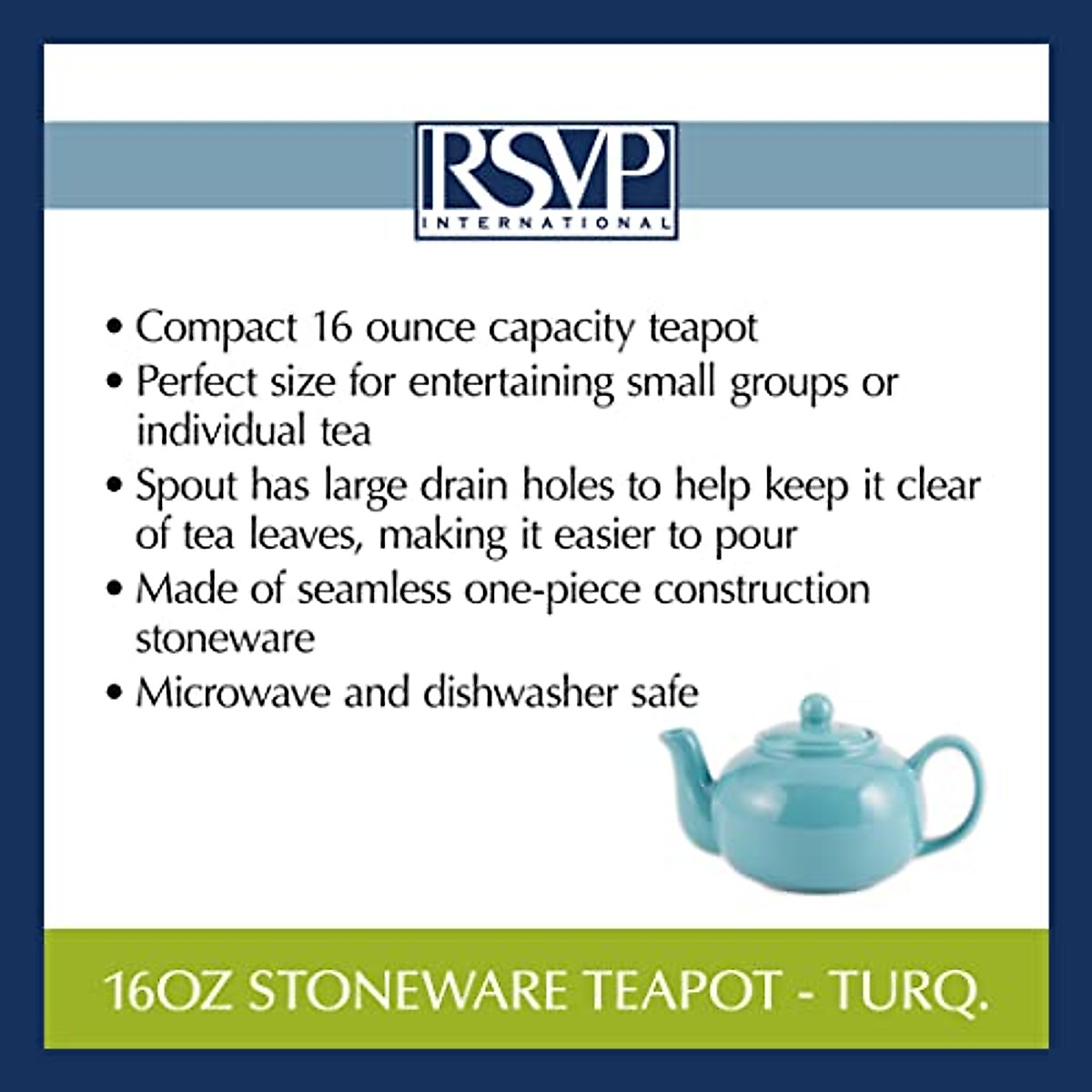 RSVP International Stoneware Teapot Collection, Microwave and Dishwasher Safe, 16 oz, Turquoise