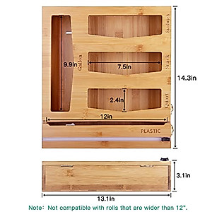 Ziplock Bag Storage Organizer with Plastic Wrap Dispenser for Kitchen Drawer, Bamboo Baggie Organizer for Gallon, Quart, Sandwich and Snack, Aluminum Foil and Wax Paper Holder Compatible with 12" Roll
