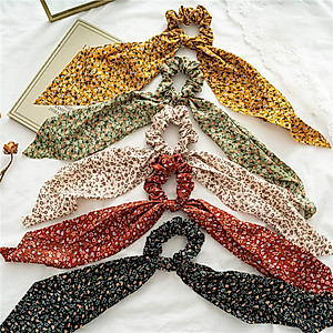 Chiffon Floral Hair Scarf with Ribbon Bows for Women and Girls - 5 Pcs Scrunchies with Ponytail Holders