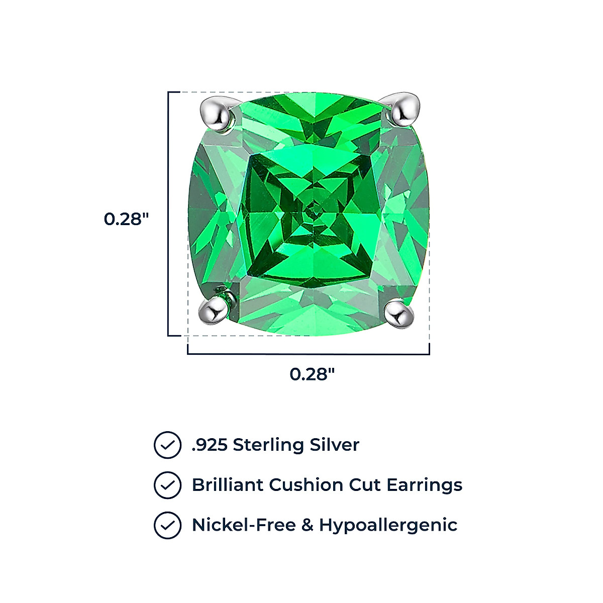 MORGAN & PAIGE .925 Sterling Silver Platinum Plated Cushion Cut Green Cubic Zirconia Earrings Studs, 4-Prong Setting Butterfly-Back Simulated Diamond Stud Earrings for Women Hypoallergenic Earrings