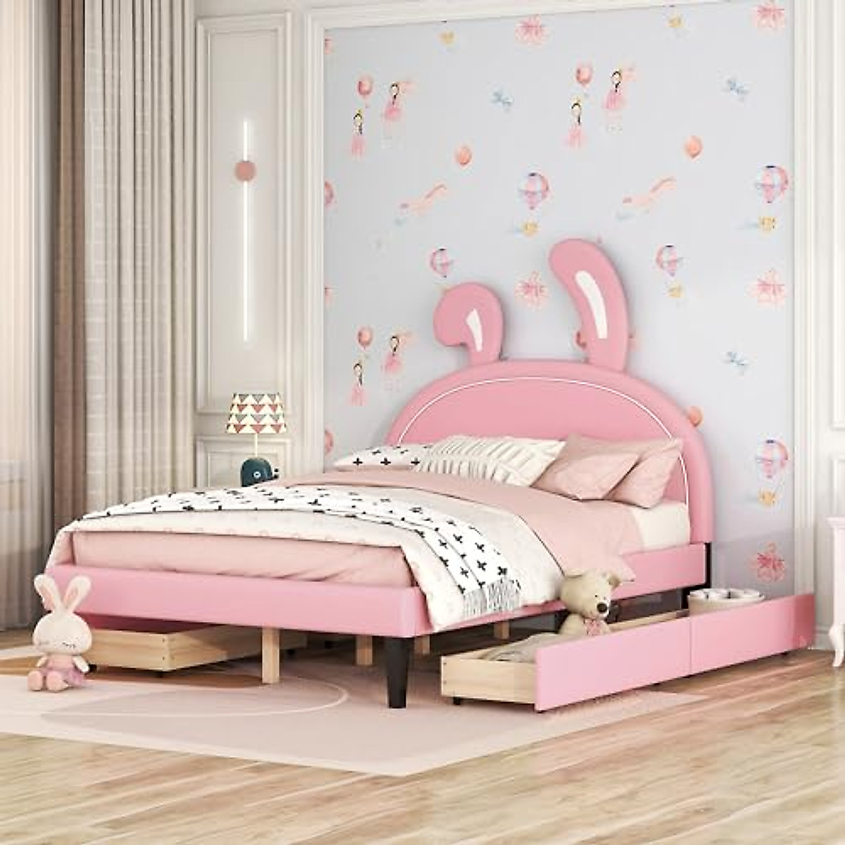 HBRR Wooden Bed Frame Full Size with 4 Storage Drawers and Bunny Ears Headboard, Upholstered Platform Bed with Storage for Kids Teens Boys & Girls, No Box Spring Needed, Pink