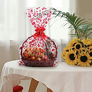 20 Pack Clear Basket Bags Pull Bow Set 10 Pack Packaging Bags Cello Cellophane Wrap and 10 Pack Ribbon Bows … (Red 30 * 44inches)