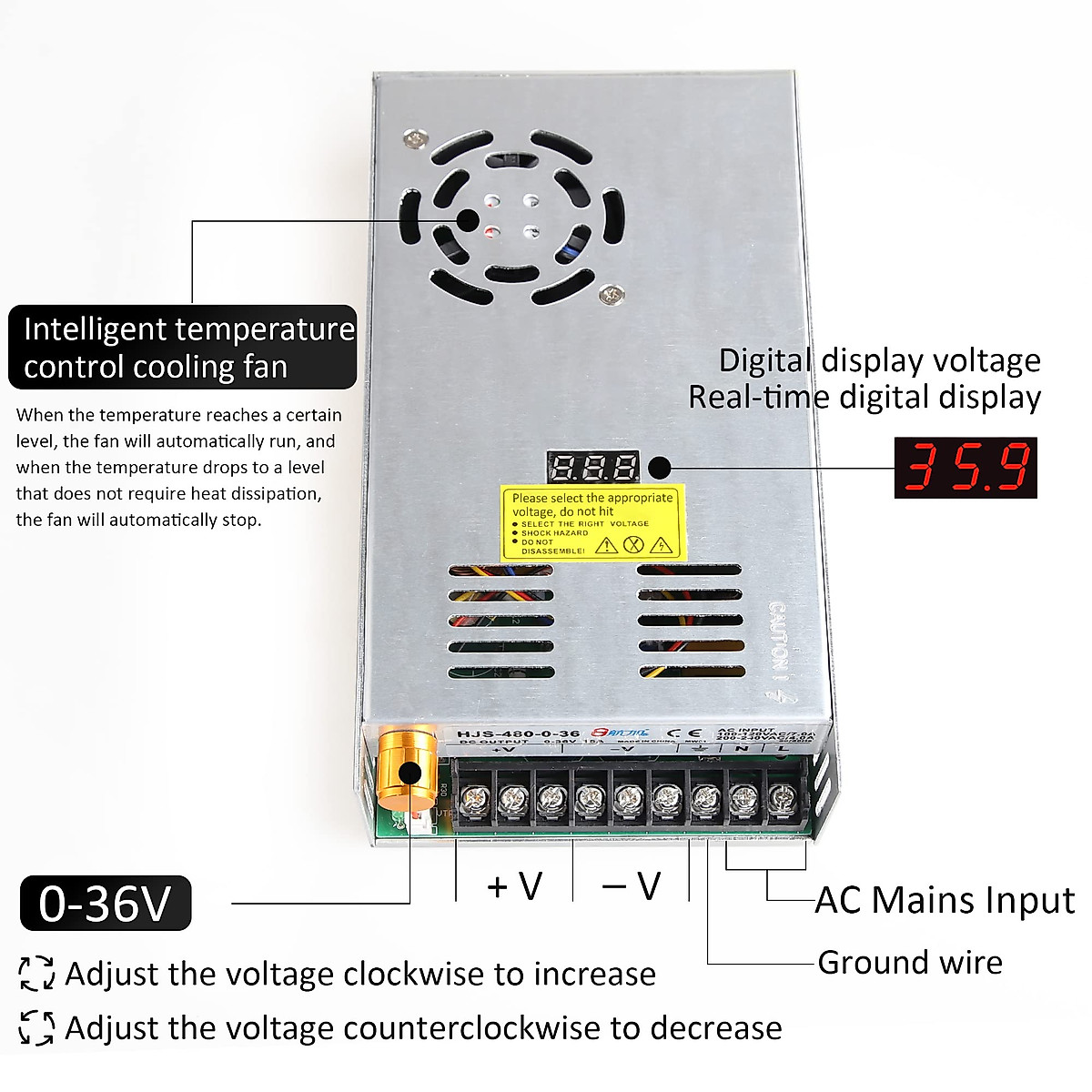 480W 36V DC Power Supply Adjustable DC Power Voltage Converter, AC 110V-220V to DC 0-36V Module Switching Power Supply Digital Display 480W Voltage Regulator Transformer Built in Cooling Fan