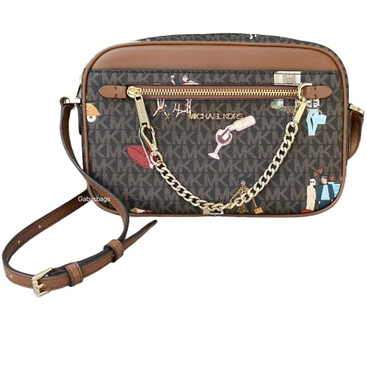 Michael Kors Jet Set East West Chain Crossbody MK Signature Multi Girls Print Milan Edition (Brown)