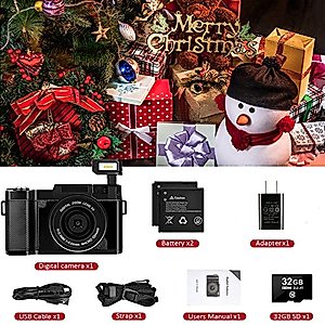 Digital Camera Vlogging Camera Full HD 2.7K 30MP Vlog Camera for YouTube Compact Digital Cameras with 32G Memory Card and 2 Batteries（Fixed Focus）