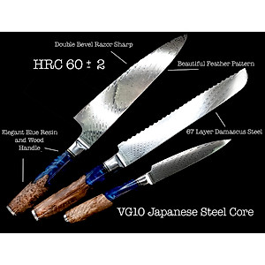 Damascus Kitchen Knife Set 3 piece, 67 Layer Handmade Damascus VG10 Steel Core Forged, 8" Chef Knife, 7,5" Serrated Knife, 5" Utility Knife, Resin Wood Handle, Gift Box Included