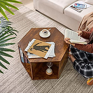 BEWISHOME Hexagonal Small Coffee Table with Open Storage, Multifunctional Faceted Top End Table, Natural Wood Modern Nightstand Brown for Living Room Bedroom and Home Office KLZ03Z