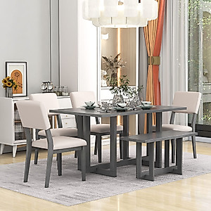 Bellemave 6-Piece Dining Table Set for 6 Kitchen Table Set with 4 Upholstered Chairs and Wooden Bench Rectangular Dining Room Set with H-Shaped Support Design for Kitchen, Dining Room (Grey)
