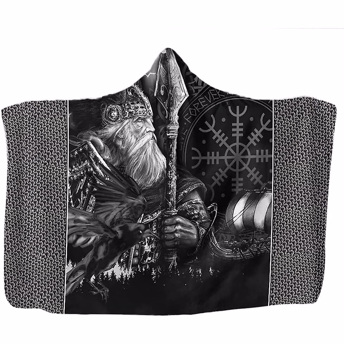 Viking 3D Printing Hooded Blanket Keeps Warm And Soft Odin Vegvisir Armor Unisex Winter Wearable Hooded Blanket Double Layer Thick Plush Wool Blanket Cloak ( Color : Blanket , Size : 50x60in/130x150cm