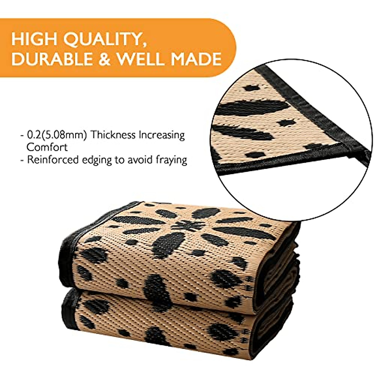 AOLEBA Reversible Outdoor Plastic Straw Rug Mat, 5'x8' Black and Beige Flower Area Rugs for Outdoor, Camping, RV, Patio, Picnic, Beach, Backyard, Deck, Trailer