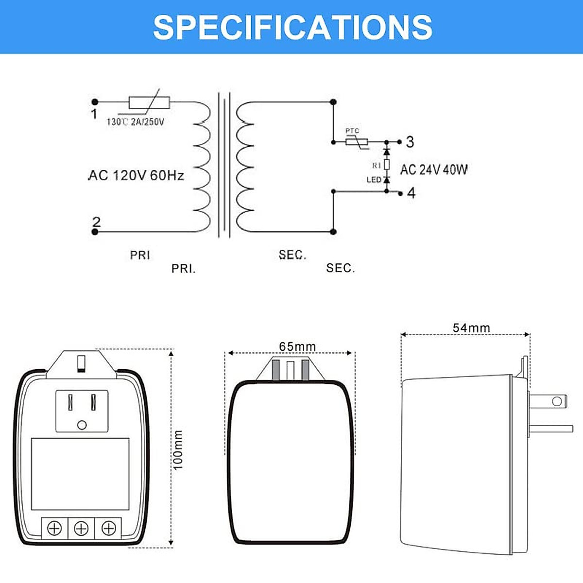 Hotop 24 Volt Transformer, 40 VA AC Transformer Plug in with PTC Fuse Competible with All Versions of Ring Doorbell and Thermostat, Compatible with Nest, Ecobee, Sensi, Honeywell, 24V Adapter(1 Pack)
