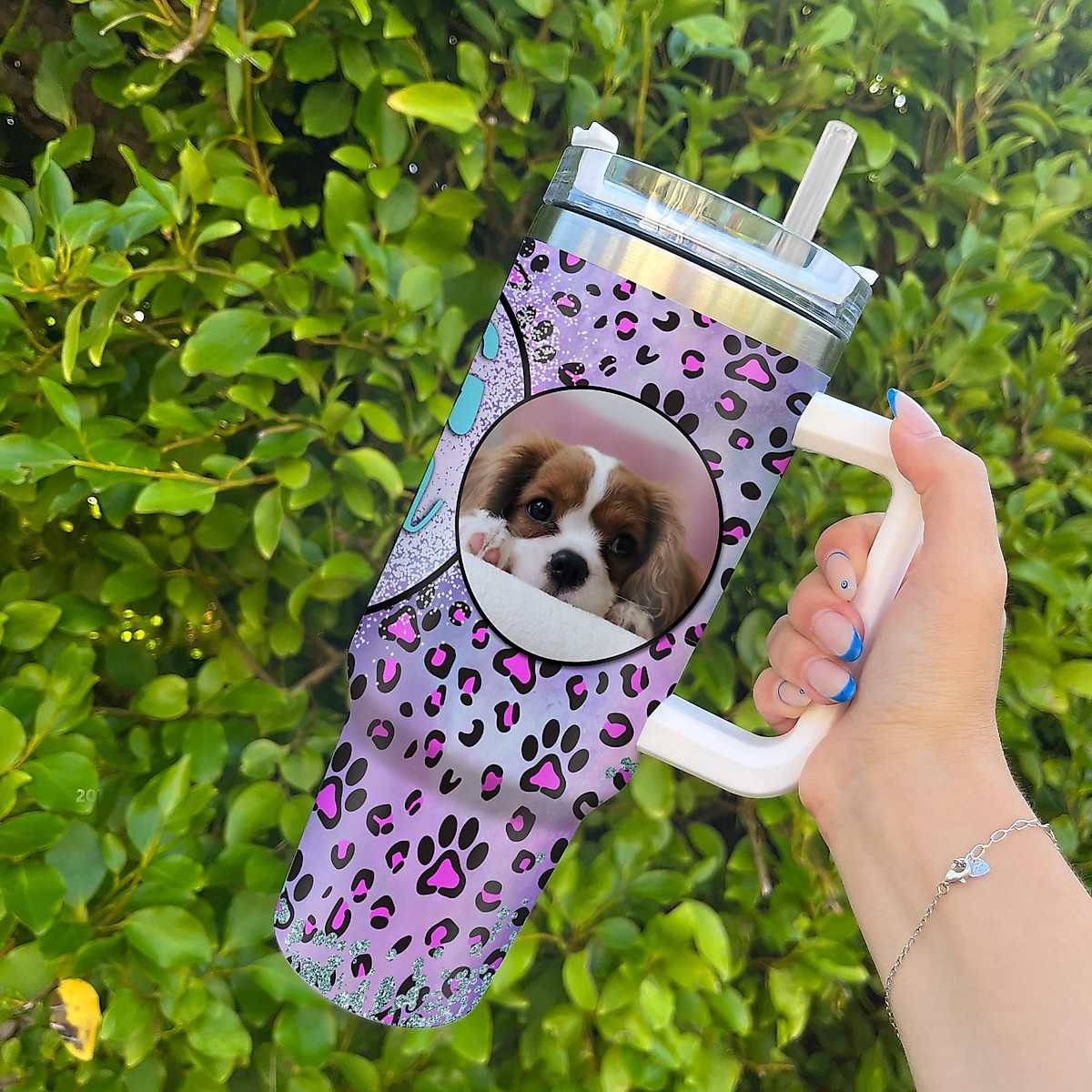 Hyturtle Personalized Picture Dog Mom 40oz Tumbler with Handle and Straw Gifts for Dog Lovers, Cute Birthday Mother's Day Cup Gifts For Women, Dog Themed Gift Idea Stainless Steel Travel Cup With Lid