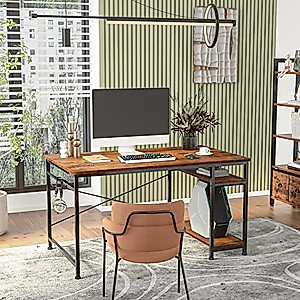 Engriy Writing Computer Desk 47", Home Office Study Desk with 2 Storage Shelves on Left or Right Side, Industrial Simple Style Wood Table Metal Frame for PC Laptop Notebook
