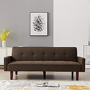 Modern Upholstered Fabric Folding Futon Sofa Bed for Compact Living Space, Apartment, Dorm, Convertible Sleeper Sofa Couch Home Recliner Lounge with Armrest, Square Wooden Legs and Center Leg (Brown)