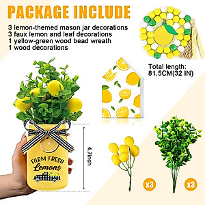 Gerrii 3 Pcs Mason Jar Table Centerpiece Decor Kitchen Decor Fake Plants Garland Wooden Bead Wood Sign for Christmas Summer Farmhouse Home Dining Tiered Tray Table Decoration (Lemon Style)