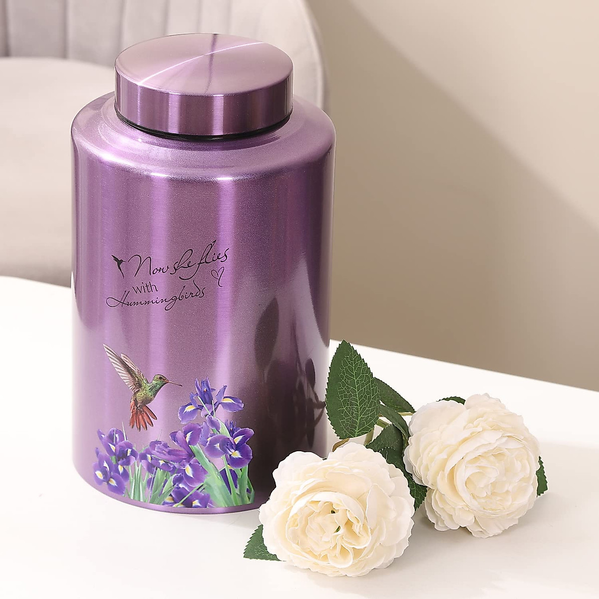 Urns for Human Ashes Adult Female Up to 220 lbs,Purple Hummingbird Urns for Mom Ashes with Velvet Bag,Decorative Urns for Ashes Adult Women,Cremation urn Female (Hummingbird-Purple Flower, Purple)
