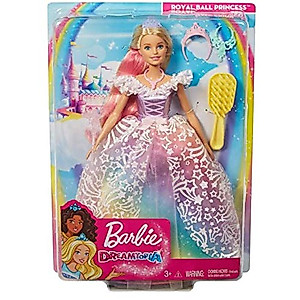 Barbie Dreamtopia Royal Ball Princess Doll, Blonde Wearing Glittery Rainbow Ball Gown, with Brush and 5 Accessories, Gift for 3 to 7 Year Olds