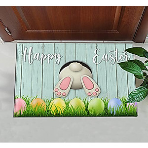 AUSTAB Easter Welcome Door Mat Bunny Tail Spring Floor Mat Indoor Outdoor Entrance Bathroom Door Mat Non-Slip Washable Greeting Party Decorations 17 X 29 Inches
