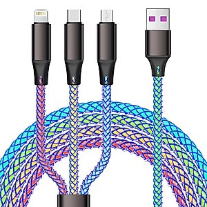 KINDRM Led Multi Charging Cable, 3in1 4ft RGB Light UP Gradual USB to Lightning/Micro USB/Type-C Multi Charger Cable 6A Fast Charing Cord for iPhone, Samsung Galaxy, LG, Tablets and Most Cell Phones