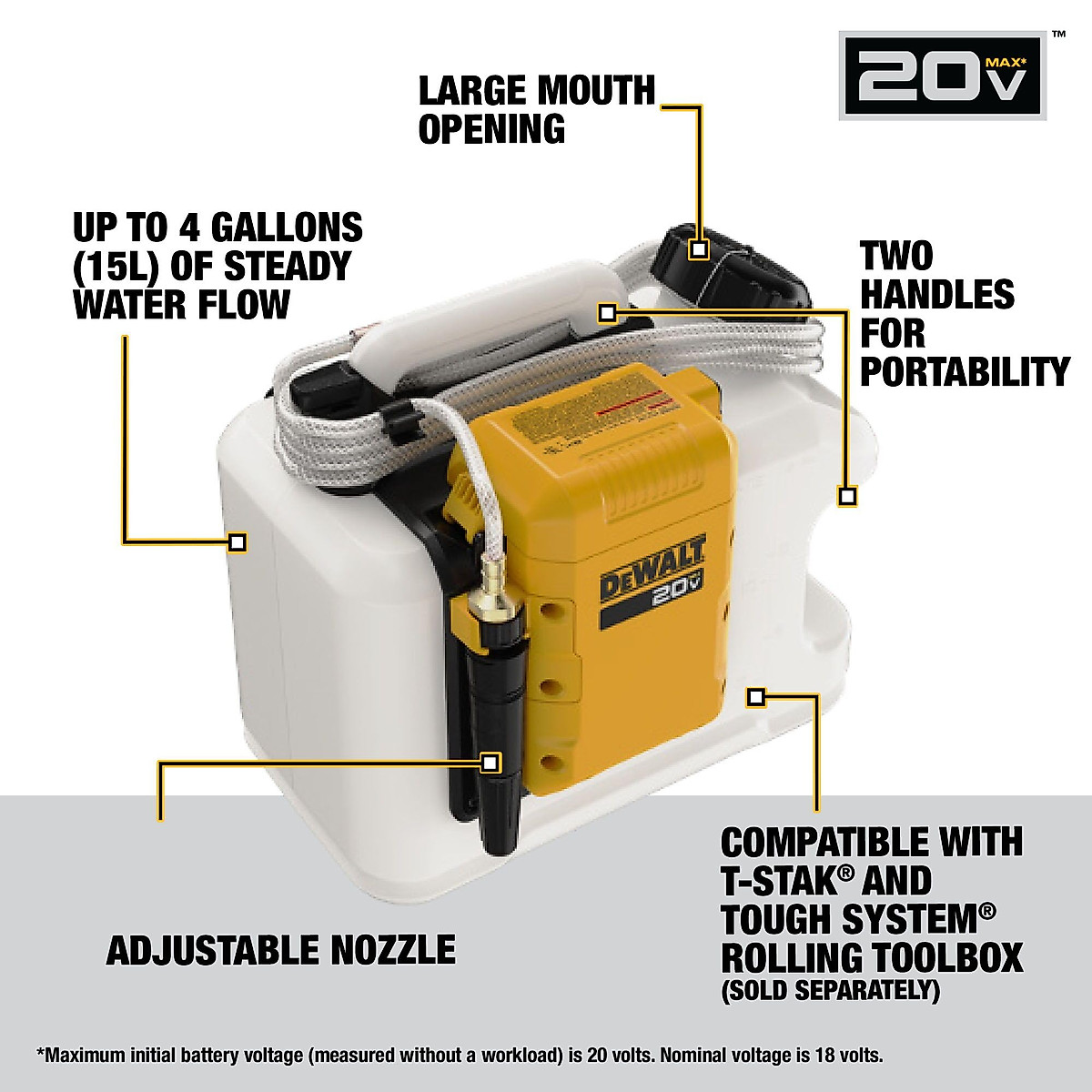DEWALT 20V MAX Powered Portable Water Tank for Job Sites, 4 Gallons (15L), Bare Tool (DCE6820B)