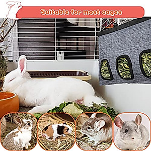 Rabbit Hay Feeder Bag, Guinea Pig Hay Feeder Storage with 3 Holes, Small Animal Pet Large Hanging Hay Feeder,600D Oxford Fabric (Gray)