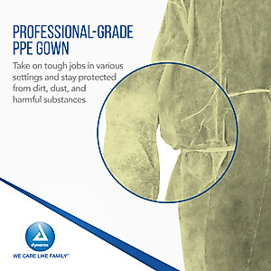 Dynarex Isolation Gowns - Full-Length, Max-Coverage Disposable Gowns - PPE Hospital Gown with Elastic Cuffs, Sewn Seams, Long Waist Ties, No Latex - Yellow, Large, 1 Case - 10 Bags of 5