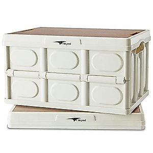 2 Packs Collapsible Storage Bins with Wood Lids, Large Foldable Plastic Storage Bins, Heavy Duty Folding Storage Box Organizer Container for Outdoor Camping Picnic Indoor Home Room Closet (50L)