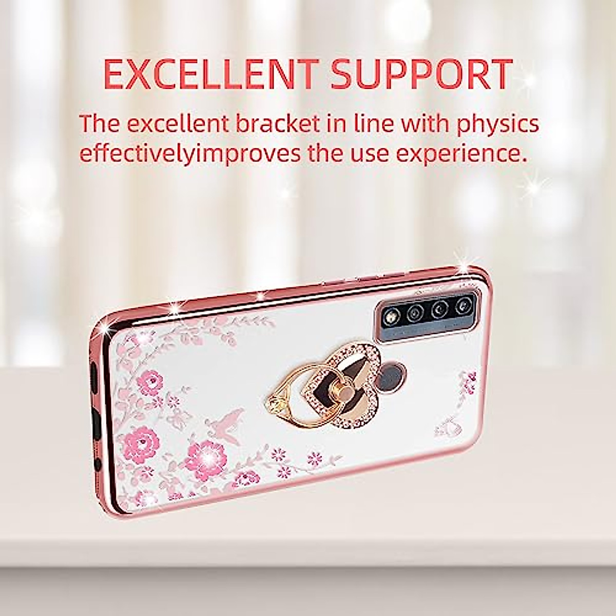 KuDiNi for TCL 4X 5G (T601DL) Case, Alcatel TCL 20A 5G (T768S) Case for Women Glitter Crystal Soft Bling Butterfly Heart Floral Clear Protective Cover with Kickstand+Strap for TCL 4X 5G (Rose Gold)