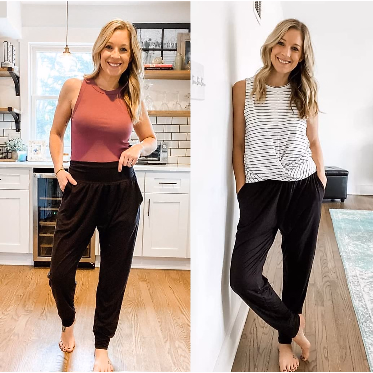 UEU Women's Cozy Yoga Thin Joggers Pants High Waist Loose Fitting Workout Sweatpants Baggy Comfy Sleep Lounge Sweat Pants with Pockets(Black,M)