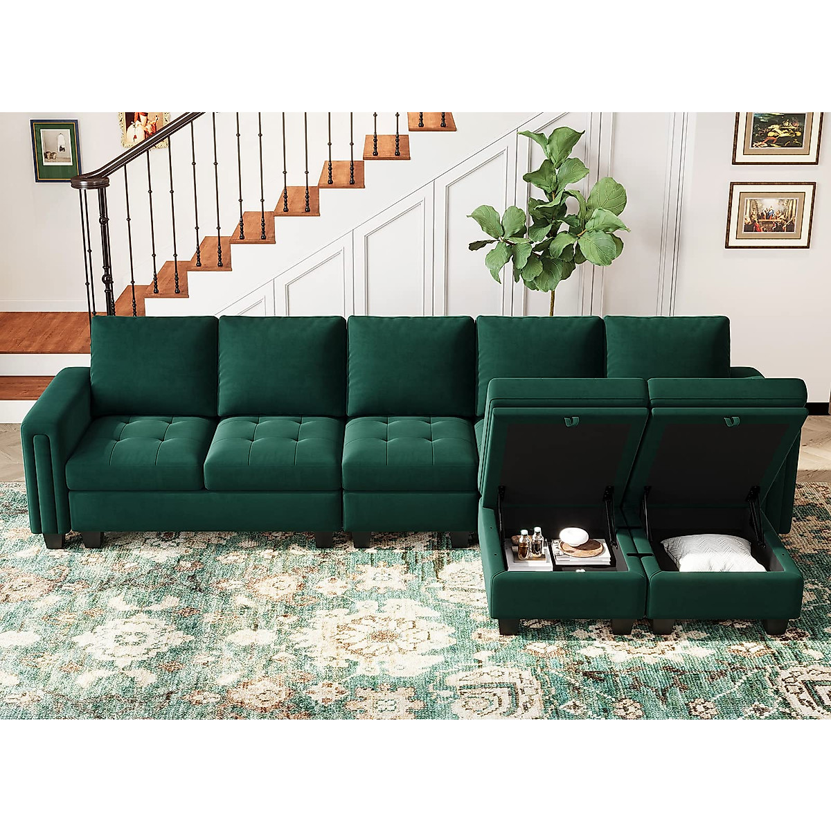 Belffin Velvet Ottoman Module with Storage for Modular Sofa Sectional Couch Rectangular Ottoman with Storage Ottoman Bench Footstool Green