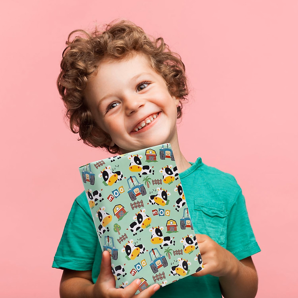 NEPOG Farm Cow Wrapping Paper for Boys Girls Kids, Cute Cow Farmhouse Tractor Farm Theme Design Green Birthday Paper 6 Sheets Folded Flat 20x28 inches per Sheet for Birthday Party Baby Shower