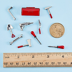 10 Pieces Mini Dollhouse Tool Set Mini Doll House Repair Multi Tool Include A Red Tin Box, 4 Outdoor Tools and 5 Repair Tools, Funny Mini Party Dollhouse Decoration Accessories