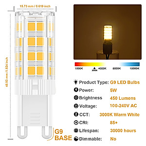 TopLeder G9 LED Bulbs, 3000K Warm White 5W 450LM LED Light Bulbs, No Flicker Non-Dimmable, 40W Halogen Bulb Equivalent, 120V Bi Pin G9 Base Bulbs for Home Lighting, 6-Pack