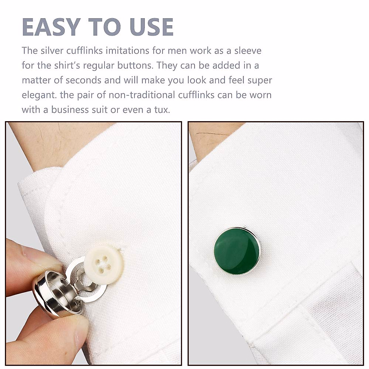 Mens Button Cover Cufflinks for Tuxedo Shirt –Imitation Button Studs (Green)