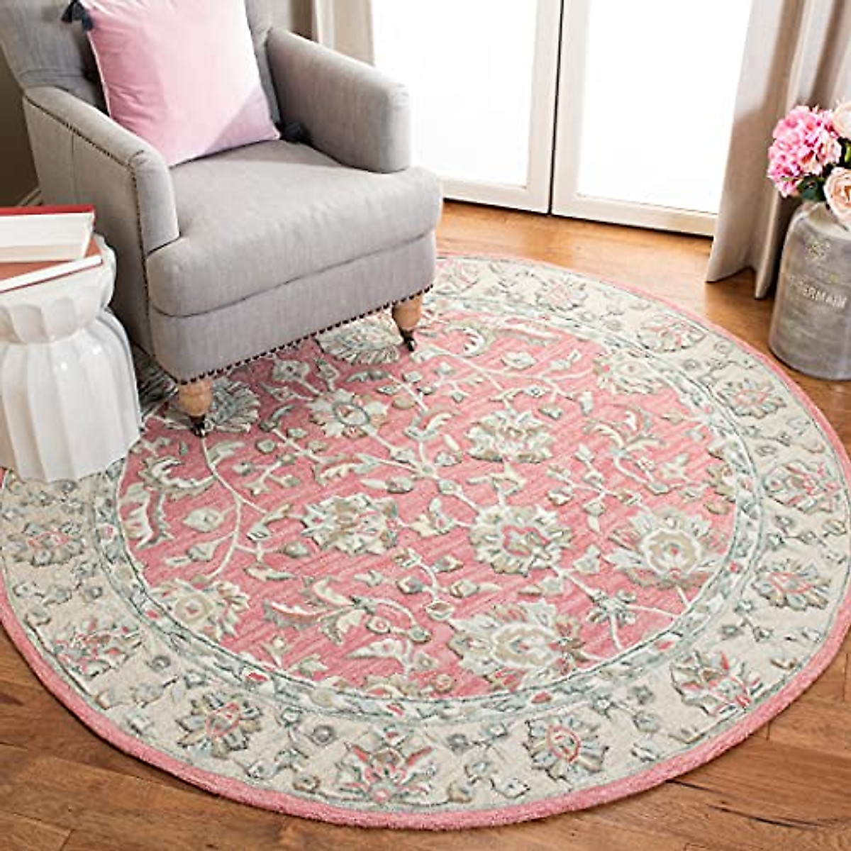 SAFAVIEH Glamour Collection 6' Round Pink / Beige GLM628U Handmade Premium Wool Area Rug