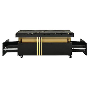 Merax Contemporary Coffee Table with Faux Marble Tabletop, Caster Wheels, and Gold Metal Bars for Living Room, 39.3 inch Length, Black